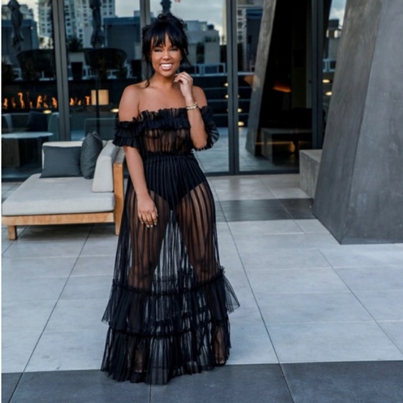 SG boutique | Dresses | Black Sheer Mesh Ruffle Maxi Dress | Poshmark